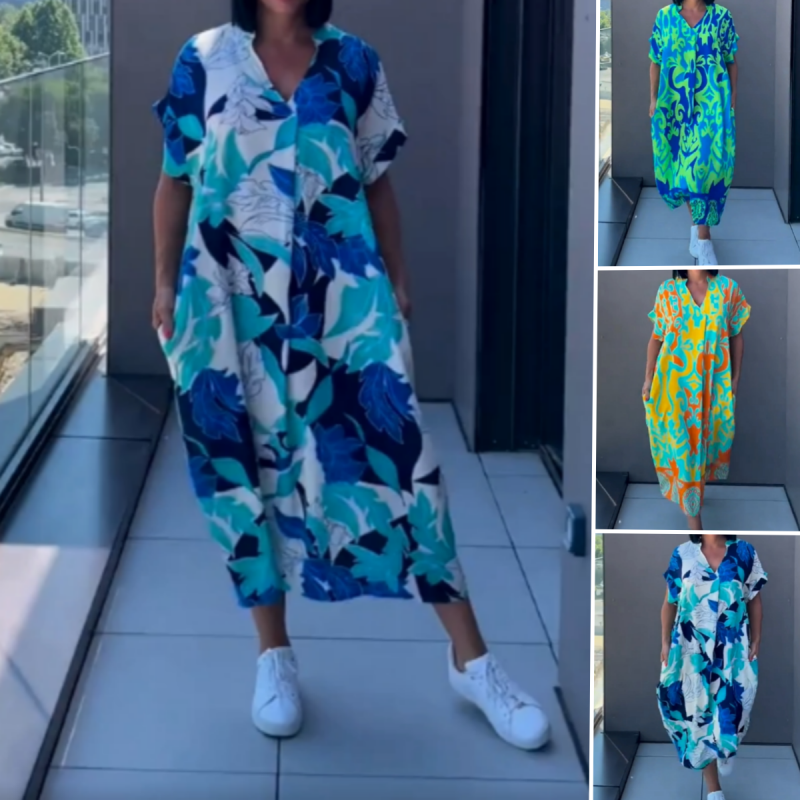 🔥👗Női alkalmi elegáns elegáns nyomtatott V-nyakú ruha – bondorn